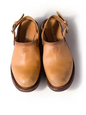 Miu Miu Embossed Calf Leather Sabot With Logo Detail - Tan