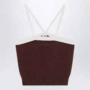 Prada Wool And Cashmere Knit Top With Logo Detail - Brown