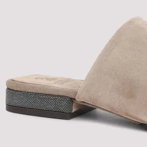Brunello Cucinelli Beige Suede Flat Sandals With Silver-tone Embellished Heel