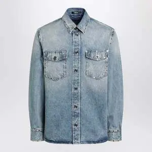Versace Light Stone-washed Denim Shirt With Studs - Blue