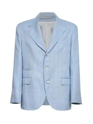 Brunello Cucinelli Light Blue Linen And Virgin Wool Chevron Deconstructed Blazer - Multicolor
