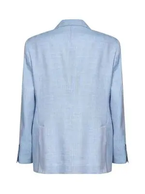Brunello Cucinelli Light Blue Linen And Virgin Wool Chevron Deconstructed Blazer - Multicolor