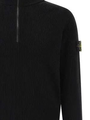 Stone Island Ribbed High Neck Quarter Zip Sweater - Black