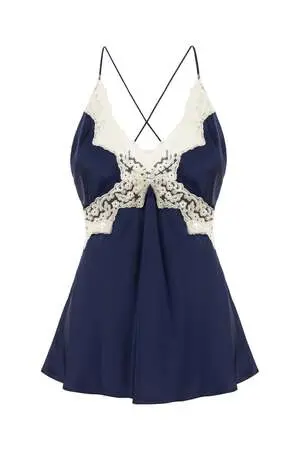 Alberta Ferretti Navy Blue Lace Trimmed Camisole - Multicolor
