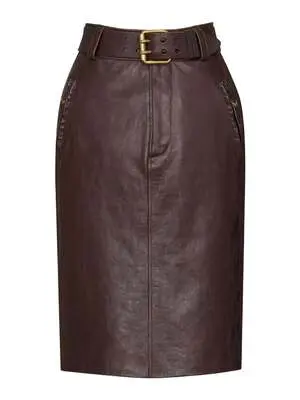Saint Laurent Belted Pencil Skirt In Creased Leather - Red