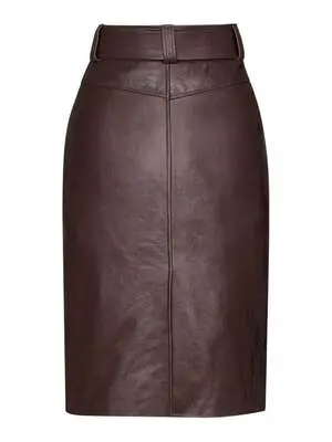 Saint Laurent Belted Pencil Skirt In Creased Leather - Red
