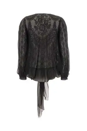Alberta Ferretti Black Lace Blouse With Tie Detail