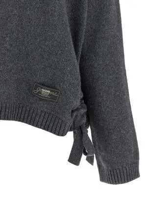 GANNI Side Lace Detail Wool Blend Crew Neck Sweater - Gray