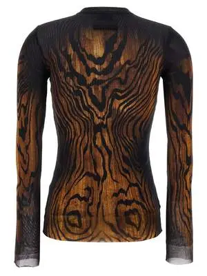 JEAN PAUL GAULTIER Wood" Print Stretch Tulle Long Sleeve Top - Multicolor