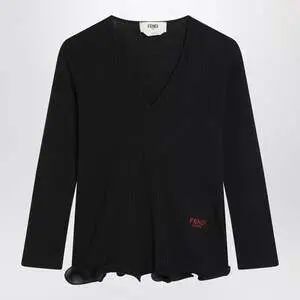 Fendi Wool Pullover With Logo Embroidery - Black