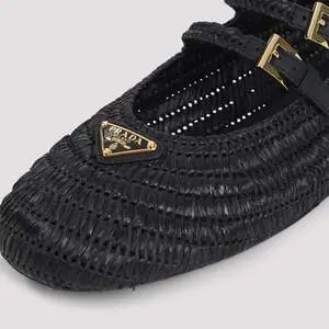 Prada Raffia Ballerinas With Metallic Logo