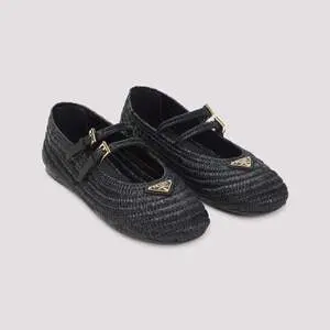 Prada Raffia Ballerinas With Metallic Logo