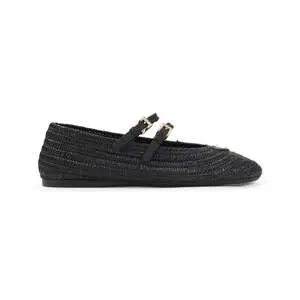 Prada Raffia Ballerinas With Metallic Logo - Black