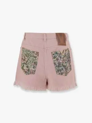 Valentino Garavani Denim Shorts With Frayed Edges And Floral Pockets - Multicolor