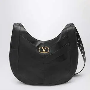 Valentino Garavani Medium Hobo Bag In Chevron-pattern Nappa - Black