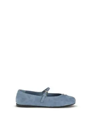 Prada Suede Leather Ballerinas With Buckle Detail - Blue