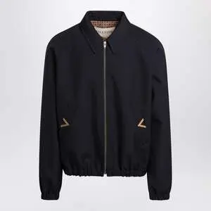 Valentino Garavani Navy Wool Blend Bomber Jacket With Vgold Pockets - Blue
