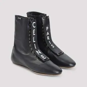 Celine Lace-up Ballet High Boots In Lambskin With Shearling Lining - Black