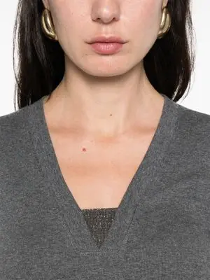Brunello Cucinelli Grey Cotton V-neck Sweater With Bead Detailing - Multicolor