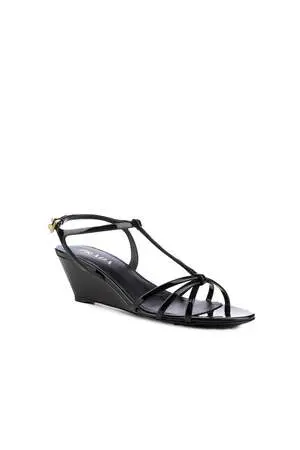 Prada Black Patent Leather Wedge Sandals With T-bar Strap Detailing