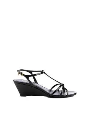 Prada Black Patent Leather Wedge Sandals With T-bar Strap Detailing - Multicolor