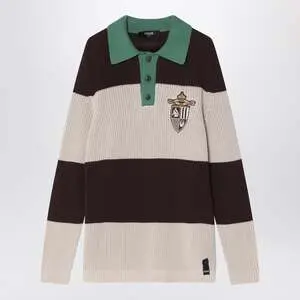 Fendi Knitted Cotton Polo Shirt With And Beige Stripes - Brown