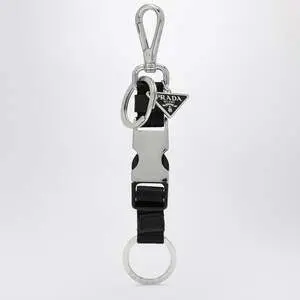Prada Logo Engraved Carabiner Keychain - Black