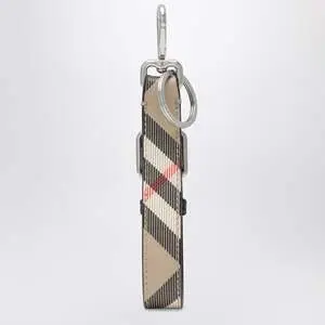 Burberry Check Coated Canvas Keychain With B Buckle - Cream