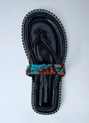 Dries Van Noten Embellished Whipstitched Leather Flat Sandals