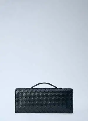 Bottega Veneta Long Andiamo Clutch In Woven Leather - Black