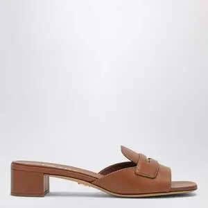 Prada Tan Leather Block Heel Sandals - Brown