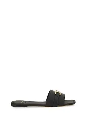 FERRAGAMO Slide Sandals With Gold Tone Buckle Detailing - Black