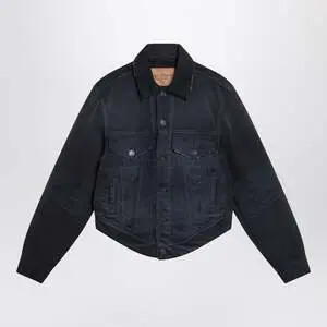 Balenciaga Dark Navy Washed Cotton Denim Jacket With Curved Waist - Blue