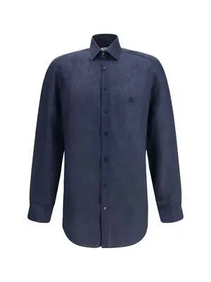 Etro Linen Shirt With Contrasting Pegaso Embroidery Logo - Blue