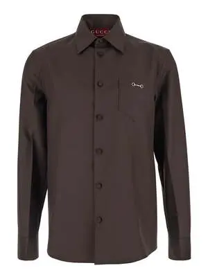 Gucci Brown Shirt With Classic Collar And Horsebit On The Front In Cotton Blend And Fabric - Multicolor