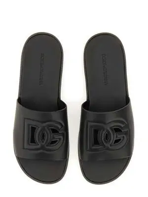 Dolce & Gabbana Leather Logo Slide Sandals - Black