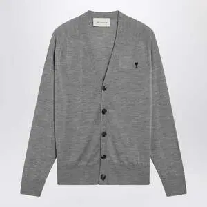AMI Paris Merino Wool V-neck Cardigan With De Coeur Embroidery