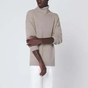 Loro Piana Greige Cashmere Turtleneck Sweater With Ribbed Details And Side Slits - Gray