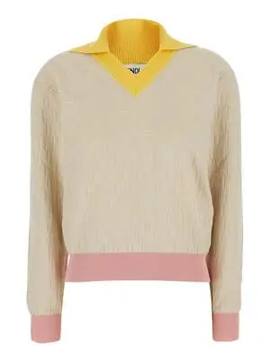 Fendi Long-sleeved V-neck Sweater With All-over Ff Motif In Cotton - Multicolor