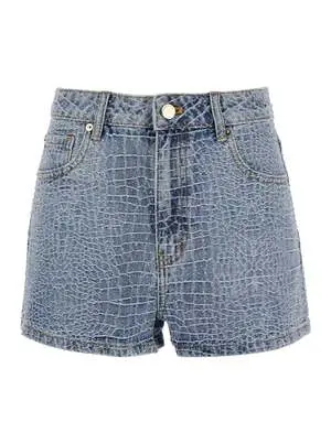 SELF-PORTRAIT Rhinestone Croc Effect Denim Shorts - Multicolor