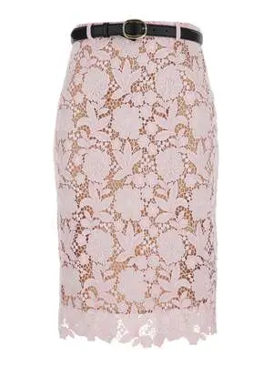 SELF-PORTRAIT SELF-PORTRAIT Pink Lace Midi Dress With Gold Tone Buckle