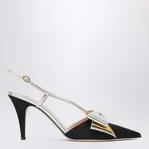 Valentino Garavani Moir Fabric Slingback Pumps With Gold And Silver Bow Detailing - Black