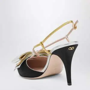 Valentino Garavani Moir Fabric Slingback Pumps With Gold And Silver Bow Detailing
