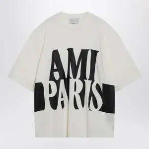 AMI Paris Cream T-shirt With Logo Print - White