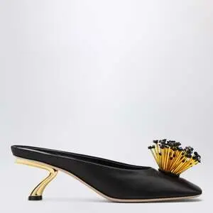 FERRAGAMO Satin Mules With Sculptural Heel And Crystal Flower - Black