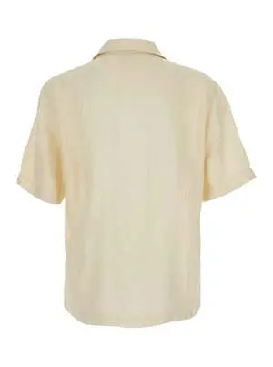 C.P. COMPANY Beige Shirt With Logo Print On The Front In Linen