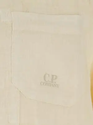 C.P. COMPANY Beige Shirt With Logo Print On The Front In Linen