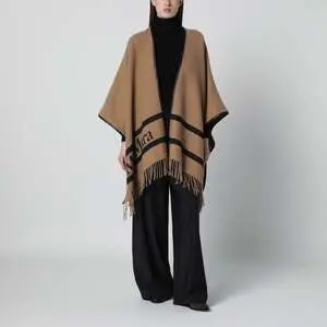 Max Mara Camel Jacquard Wool Poncho With Leather Trim And Fringe - Brown