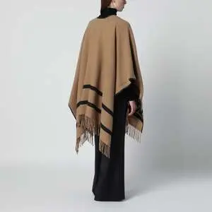 Max Mara Camel Jacquard Wool Poncho With Leather Trim And Fringe - Brown