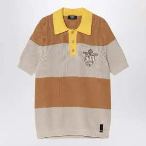 Fendi Fendi Knitted Cotton Polo Shirt With Sand And Beige Stripes Men Gray